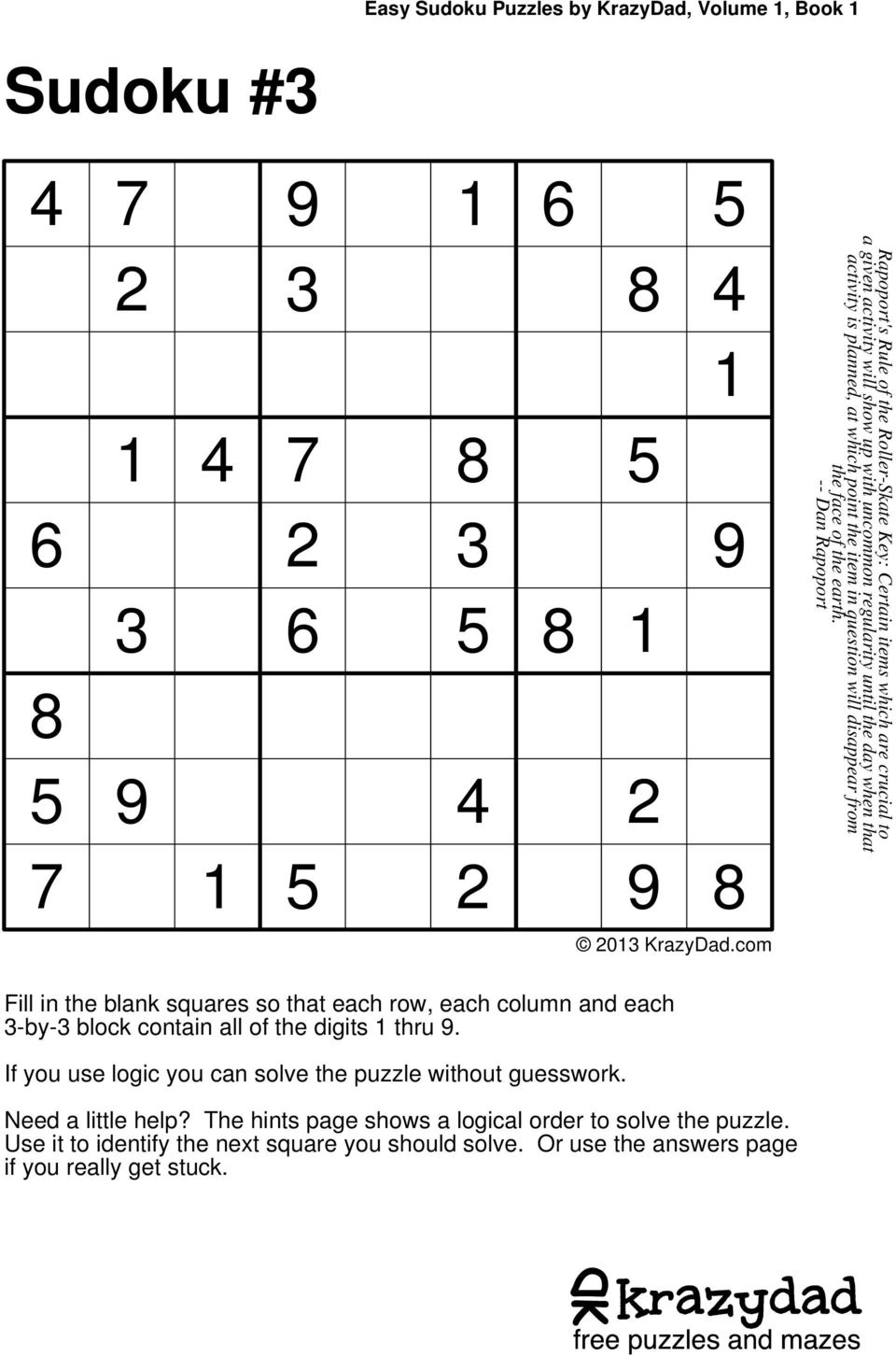 Sudoku Puzzles Printable PDF Krazydad - Sudoku Printable Sudoku Puzzles Printable PDF Krazydad - Sudoku Printable